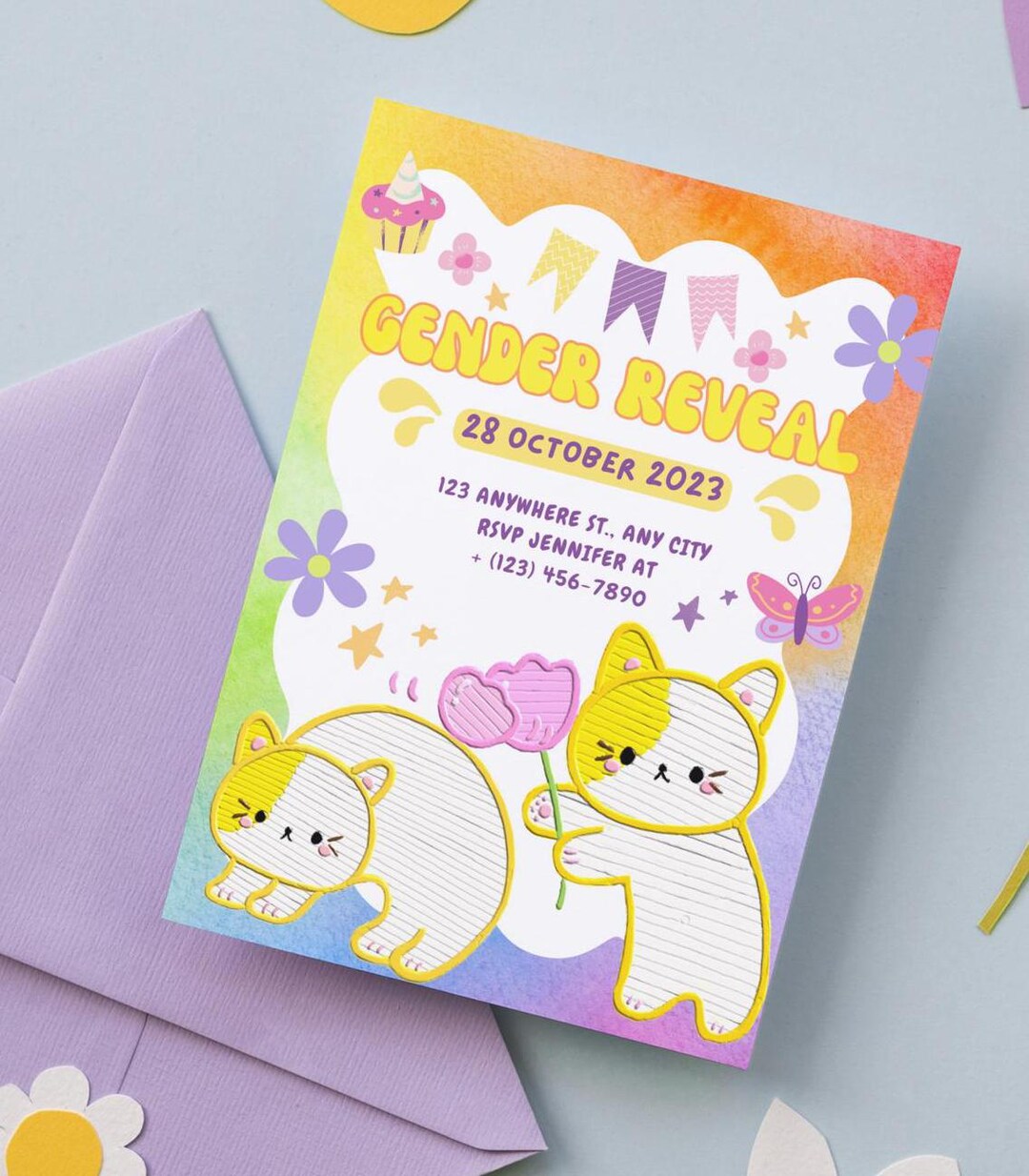 Gender Reveal - Colorful Cats Theme - Customizable Template - Etsy