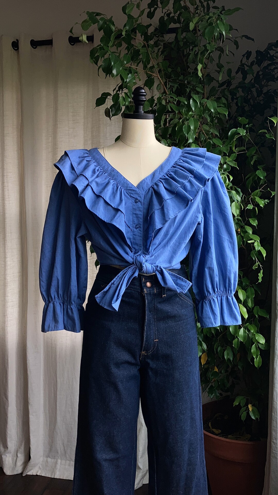 1980s Cotton Poly Ruffled Blue Blouse - Etsy