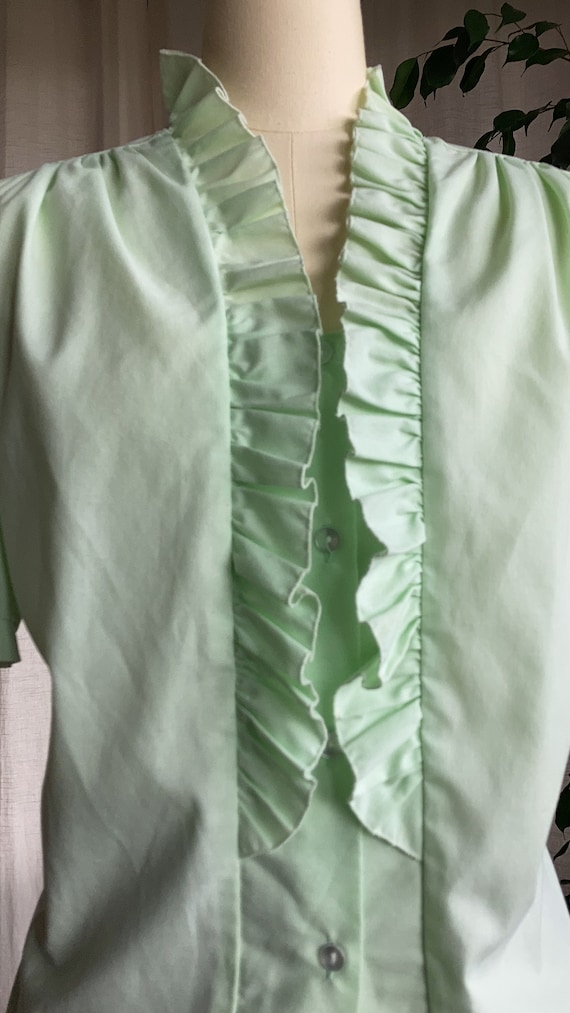 1970’s Lime Green Puff Sleeved Ruffled Blouse - Gem