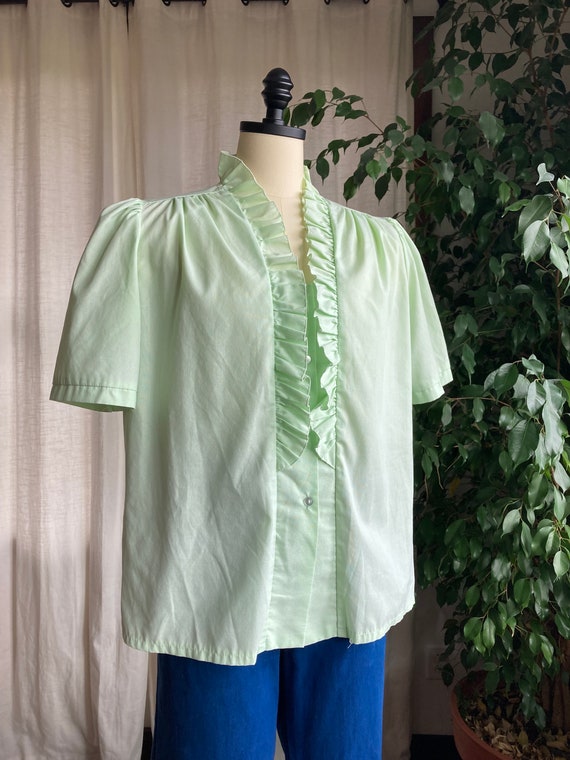 1970’s Lime Green Puff Sleeved Ruffled Blouse - Gem