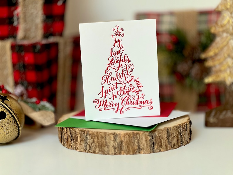 Christmas Cards Featuring Calligraphy Christmas Tree in Red Letterpress ...
