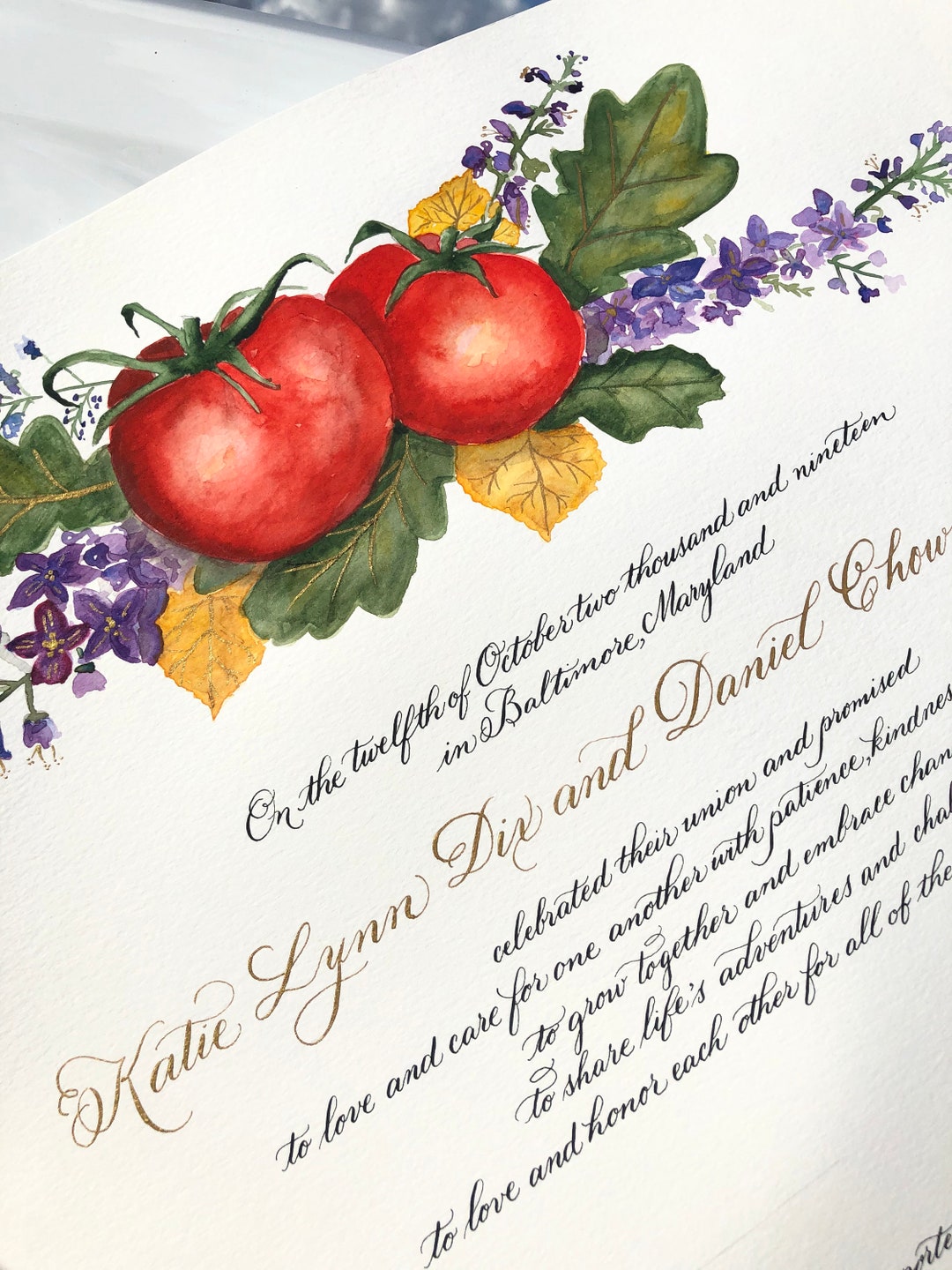 Custom Marriage Certificate Featuring Hand Calligraphy, Watercolor ...