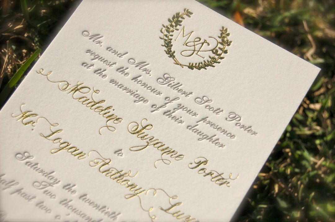 Gold Foil Monogram and Charcoal Letterpress Wedding Invitations, Laurel ...