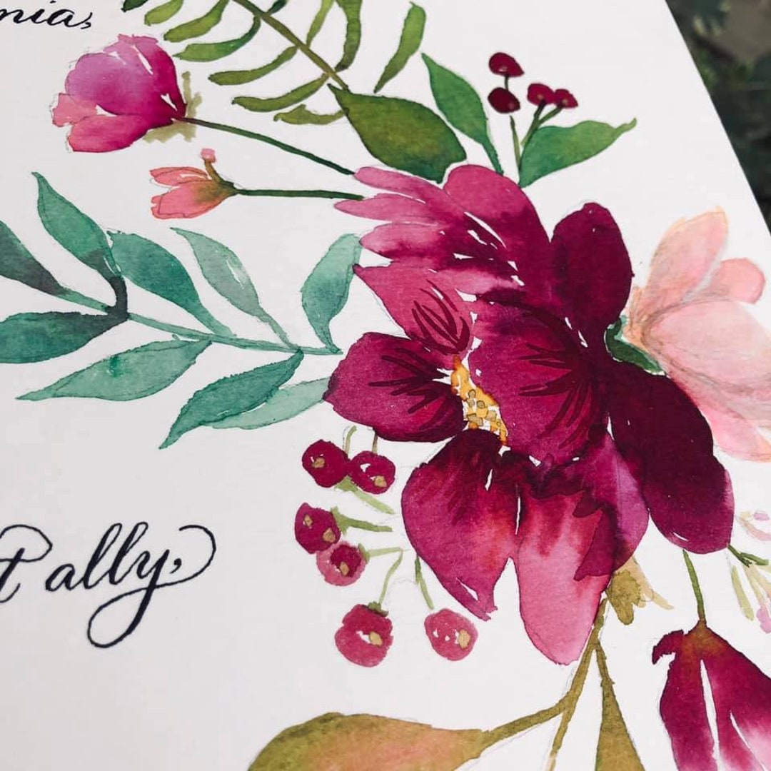Hand Calligraphy Quaker Wedding Certificate, Burgundy Watercolor Floral ...