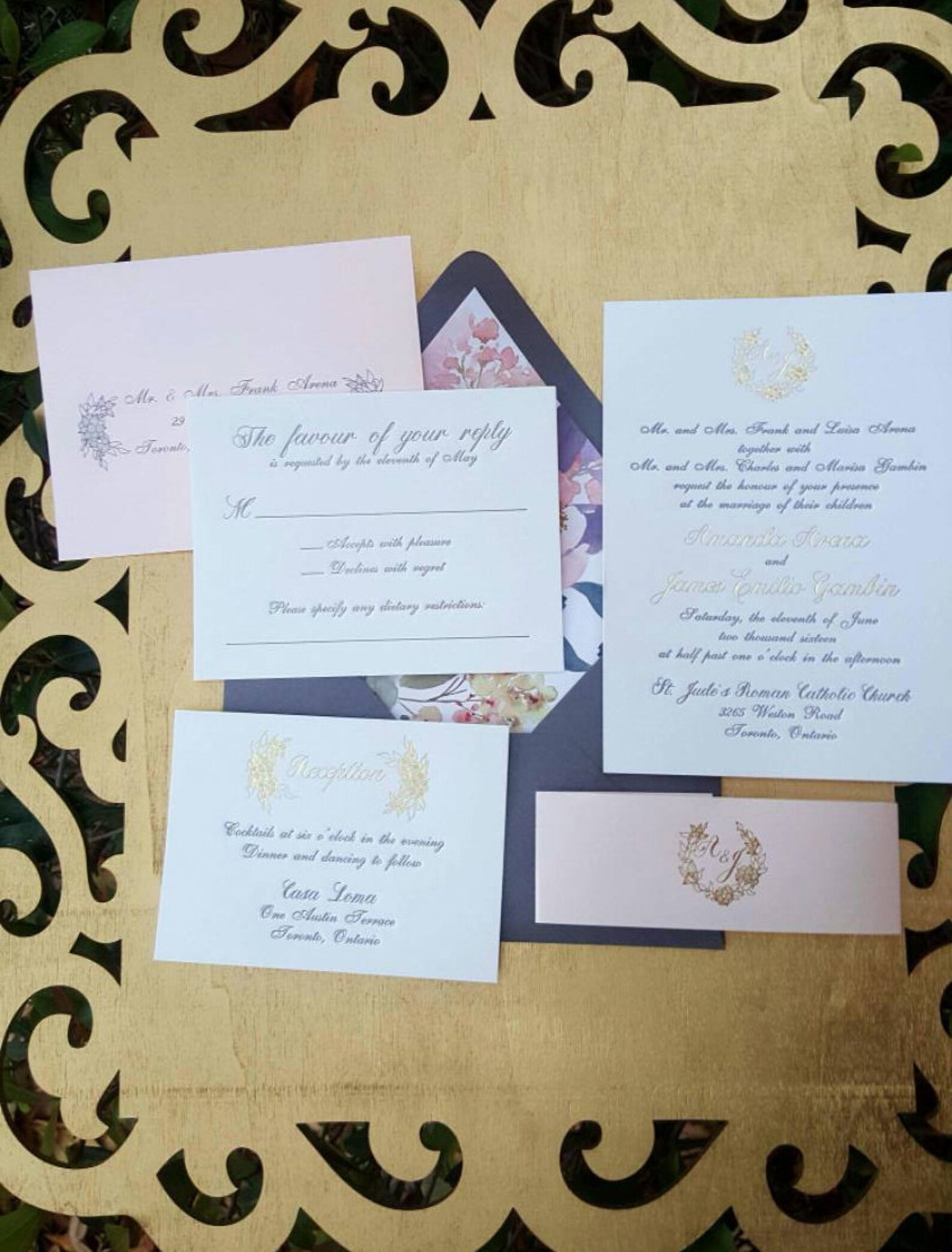 English Garden Wedding Invitation With Charcoal Letterpress and Gold ...