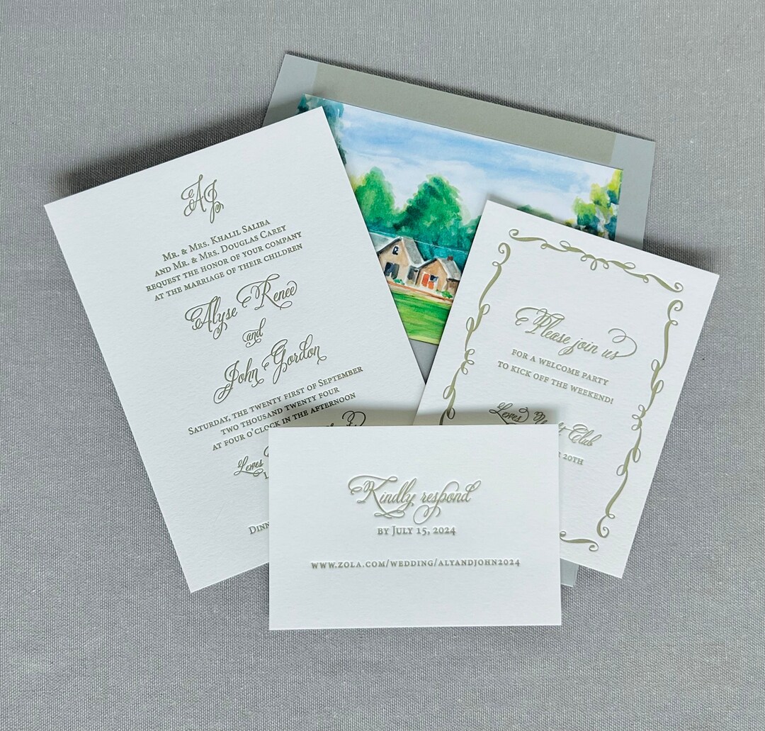 Moss Green Letterpress Wedding Invitation Suite, Hand Drawn Border ...