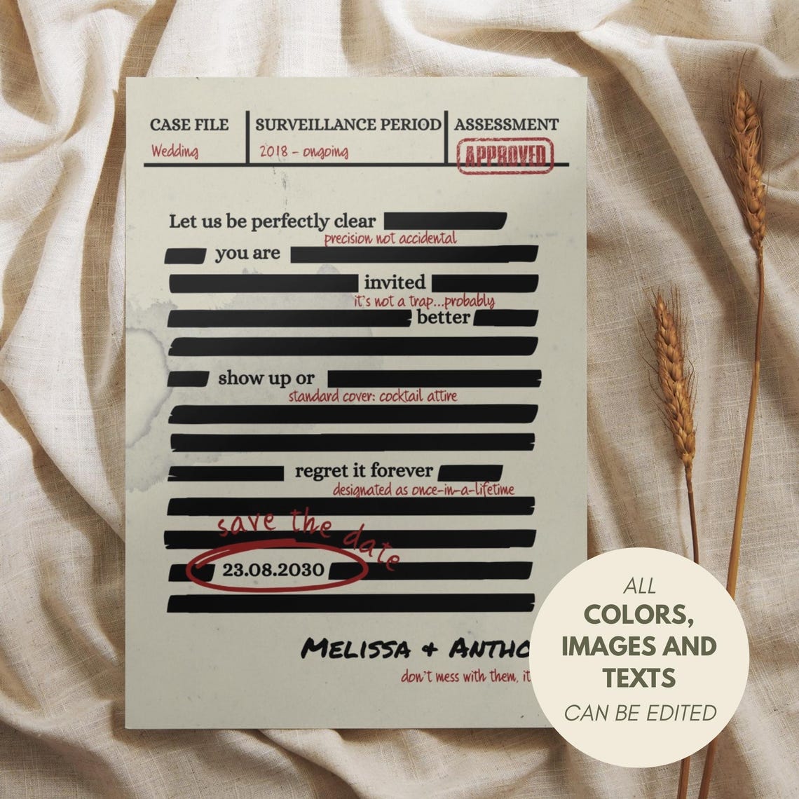 Spy Thriller Save the Date Template – Secret Wedding Mission Document ...