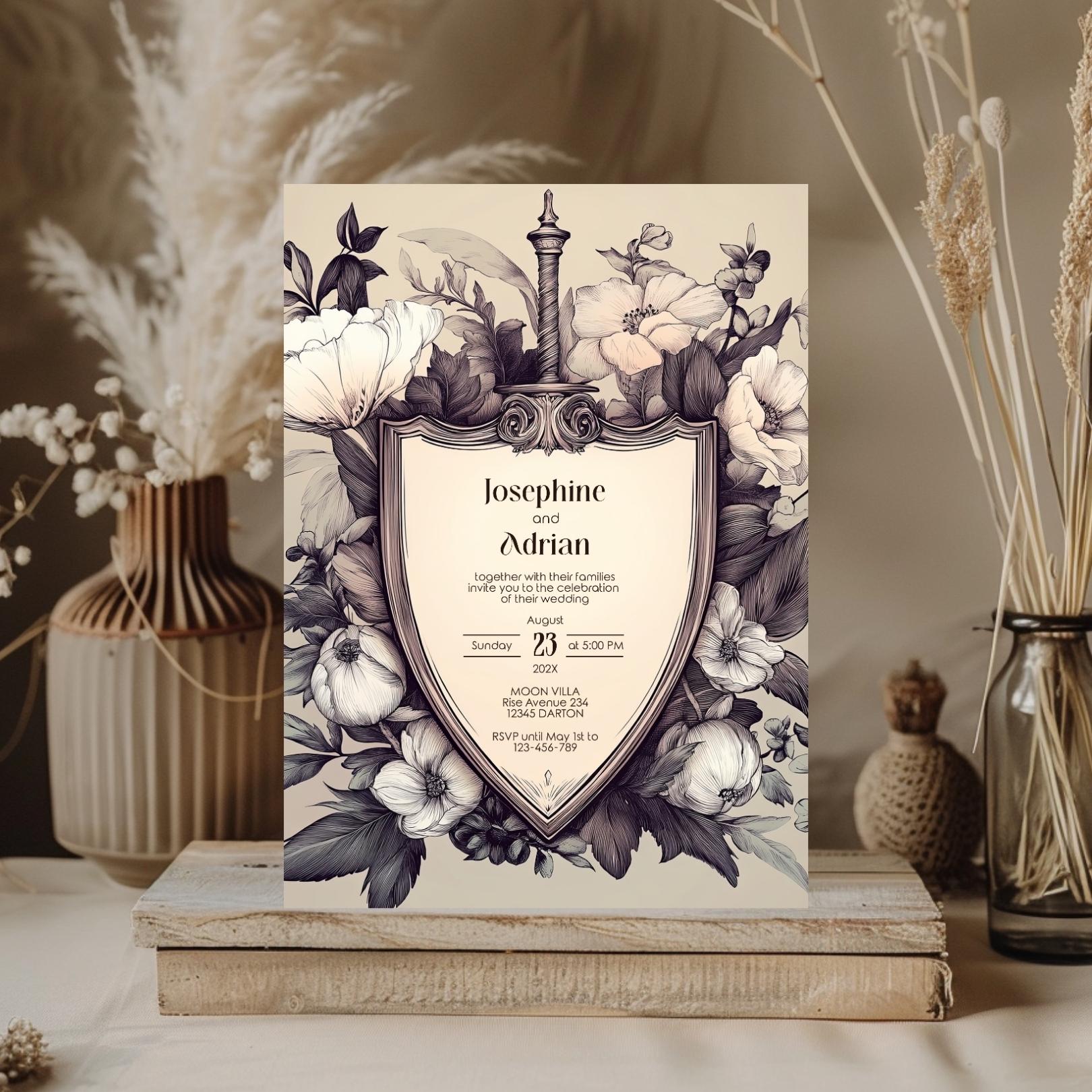 Medieval Wedding Invitation - Sepia Shield and Sword Design With ...