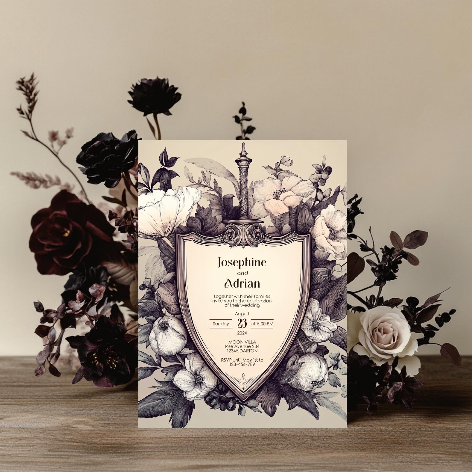 Medieval Wedding Invitation - Sepia Shield and Sword Design With ...
