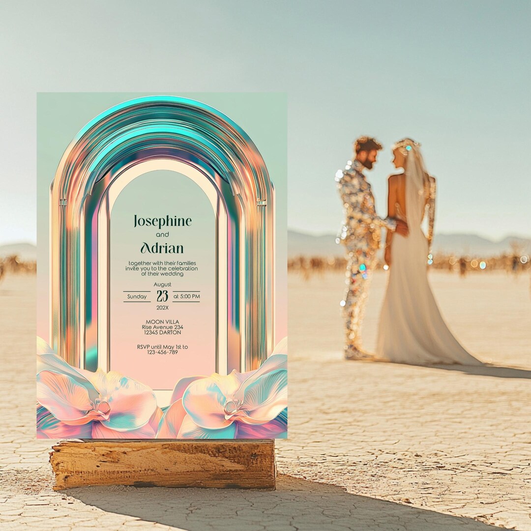 Futuristic Boho Wedding Invitation – Iridescent Arch and Dreamy Floral ...