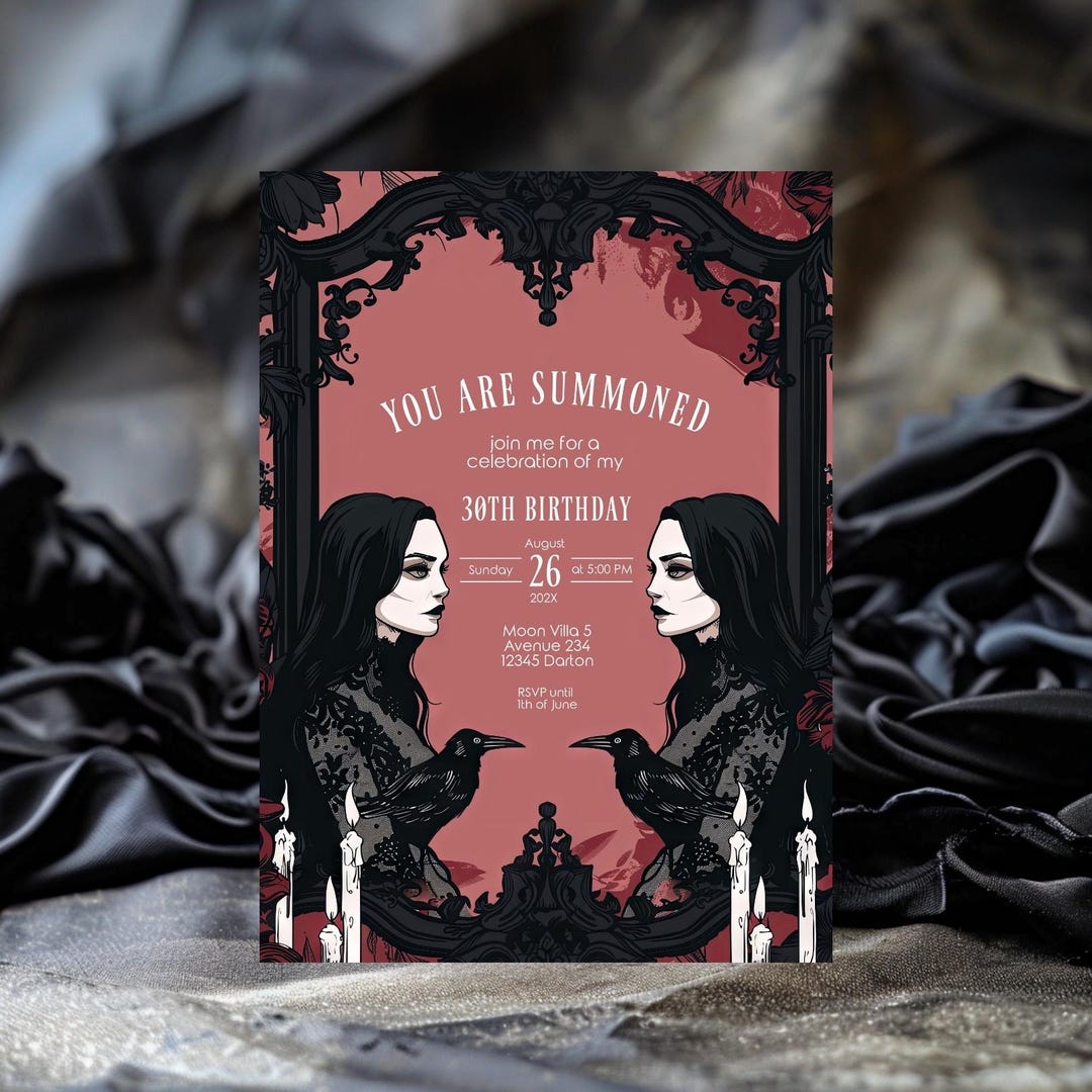 Gothic Witch & Raven Birthday Invitation - Victorian-inspired Dusky ...