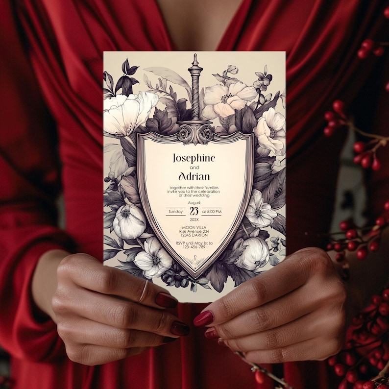 Medieval Wedding Invitation - Sepia Shield and Sword Design With ...