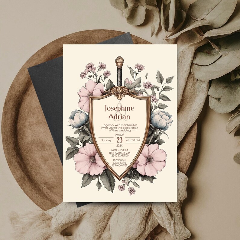 Blush Floral Medieval Wedding Invitation - Soft Vintage Sword and Crest ...