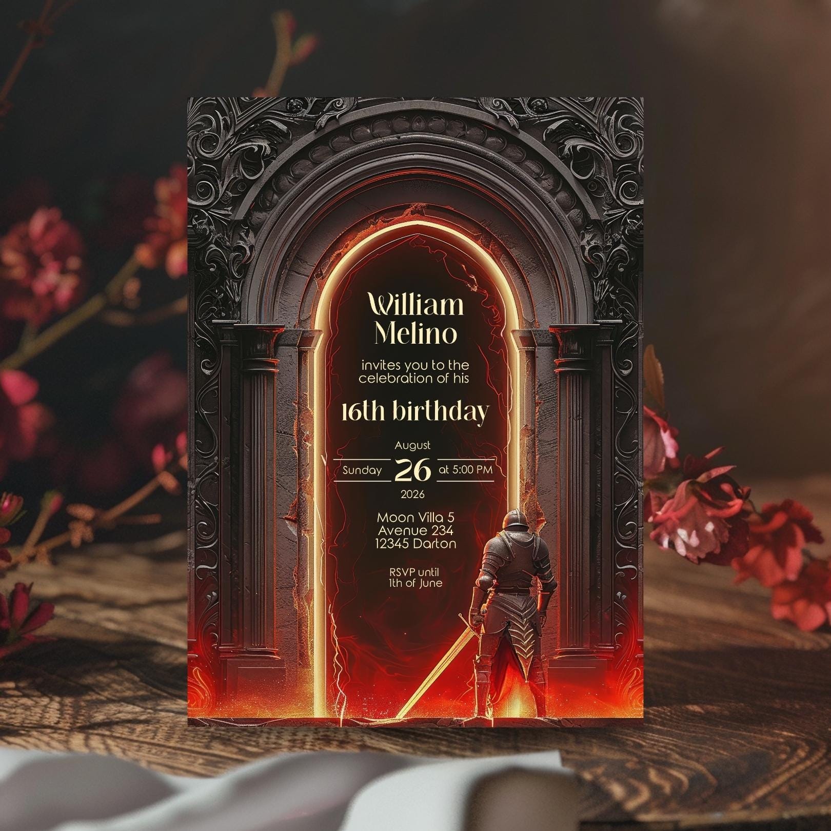 Fantasy Gothic Birthday Invitation - Medieval Knight and Glowing Fire ...