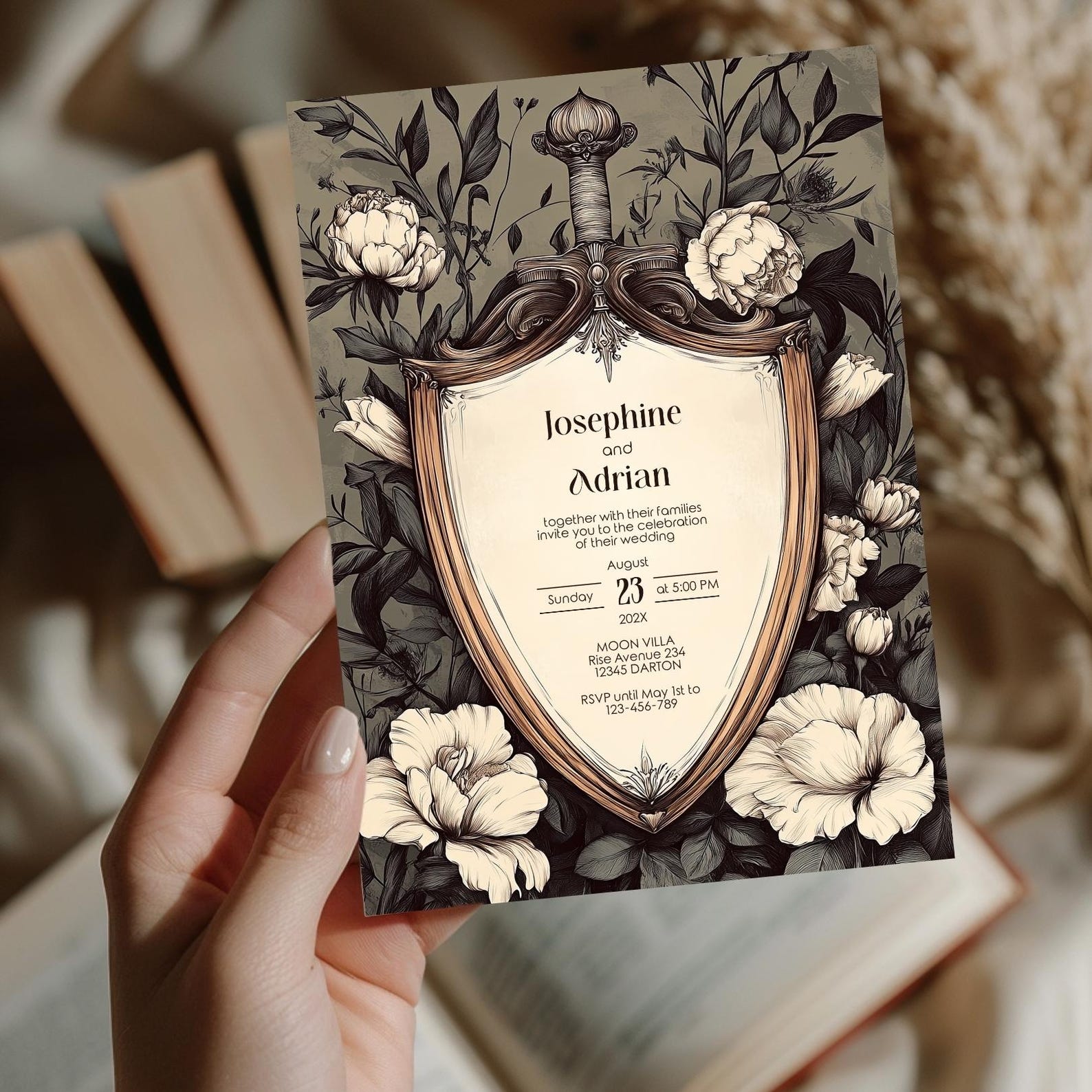 Medieval Wedding Invitation - Sepia Shield and Sword Design With ...