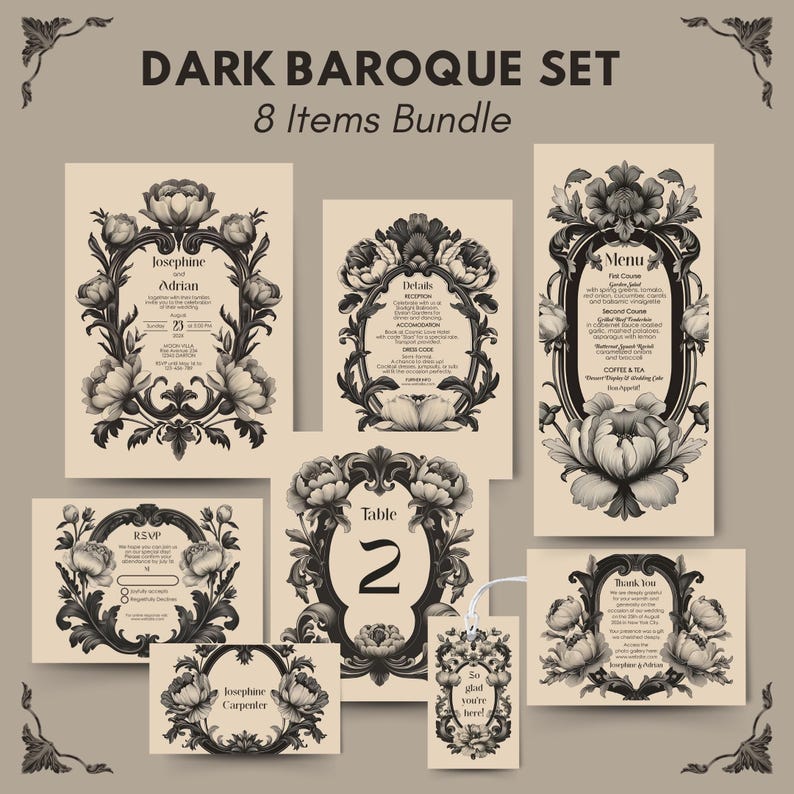 Dark Baroque Wedding Invitation Set - Vintage Beige Floral Design ...