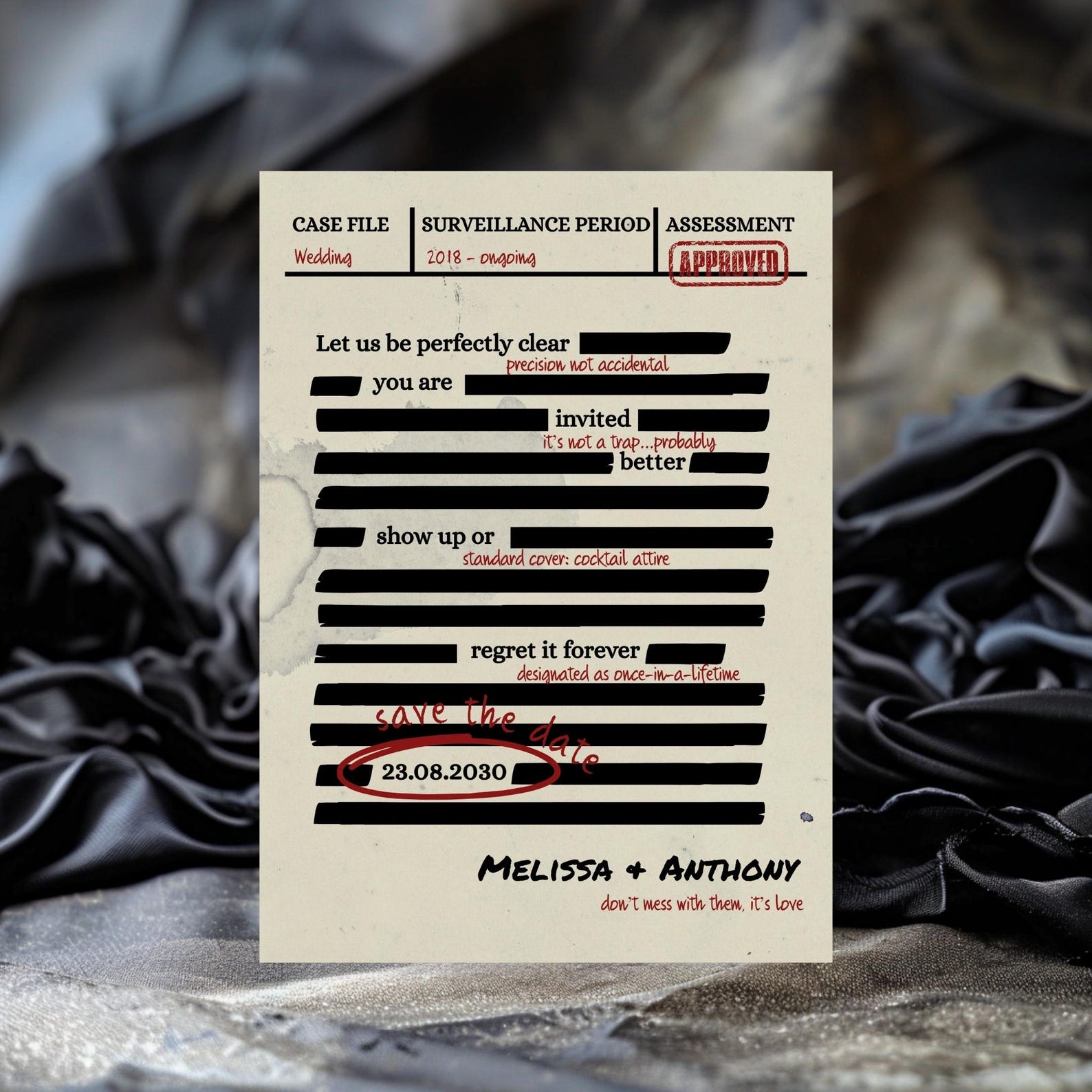 Spy Thriller Save the Date Template – Secret Wedding Mission Document ...