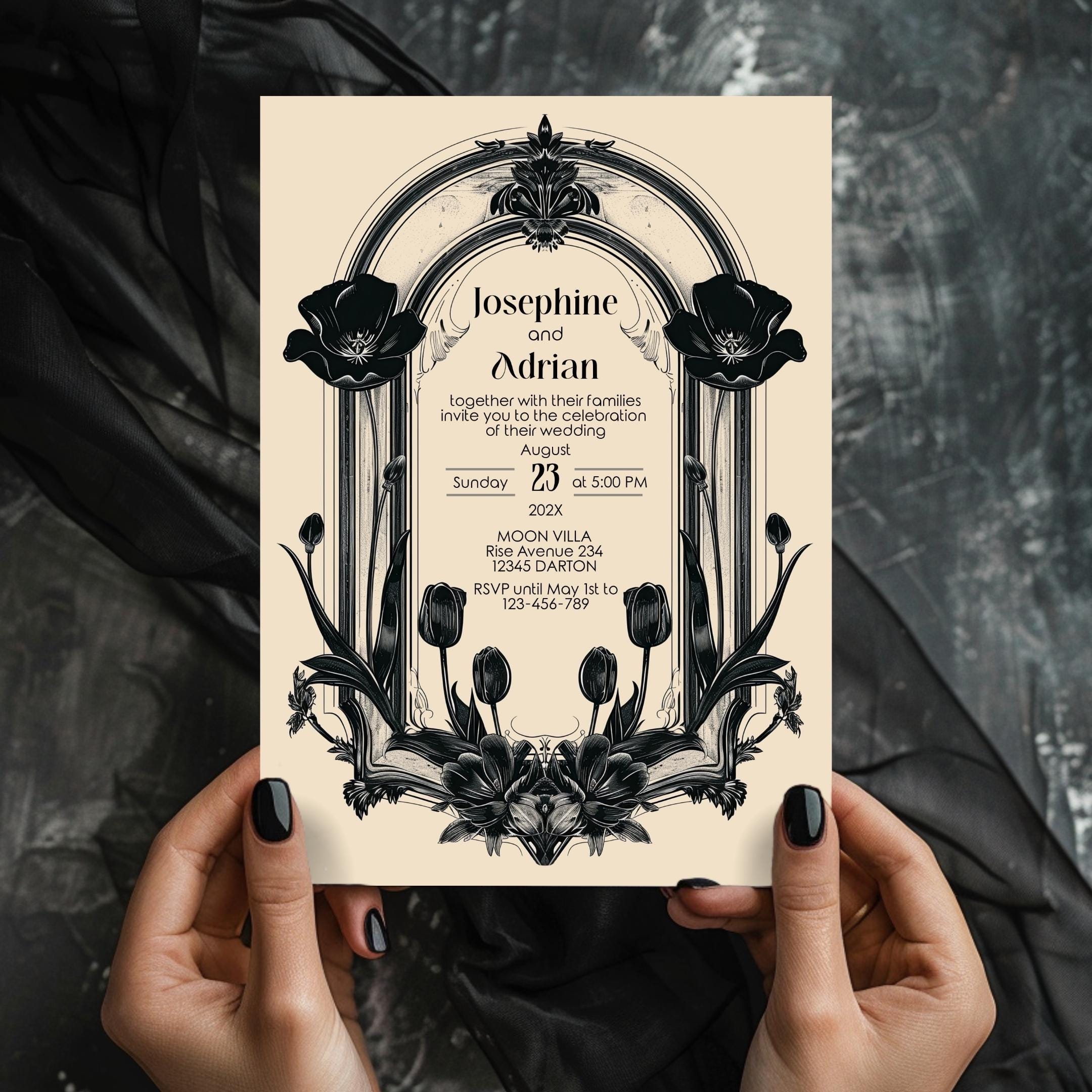 Gothic Poppy Baroque Wedding Invitation – Dark Vintage Floral Arch ...