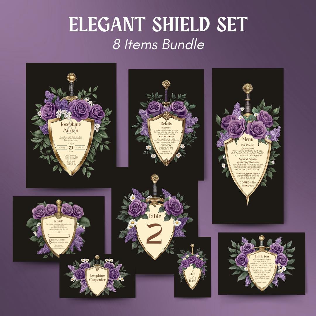 Elegant Shield Wedding Invitation Set – Purple Roses and Green ...