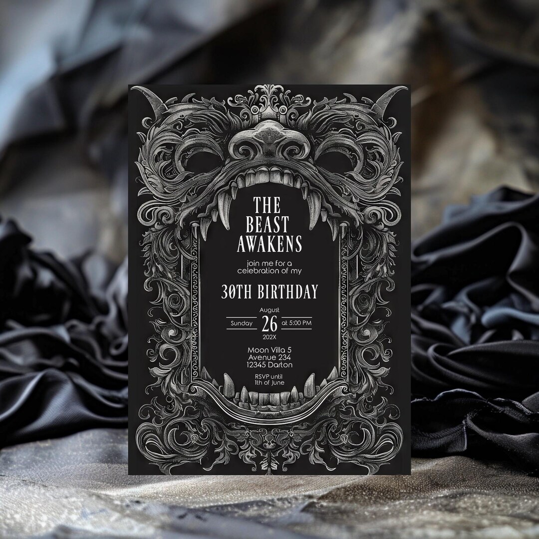 Gothic Beast Birthday Invitation - Dark Baroque Design With Ornate ...