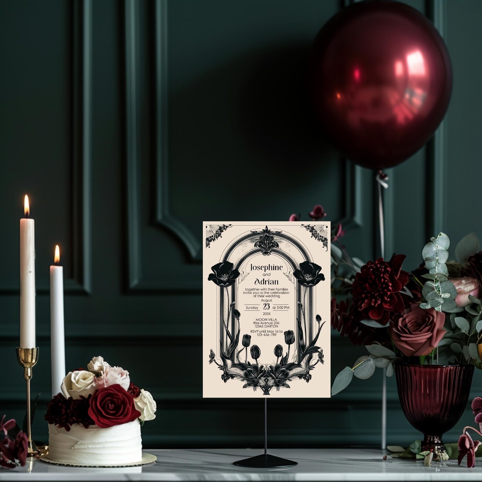 Gothic Poppy Baroque Wedding Invitation – Dark Vintage Floral Arch ...