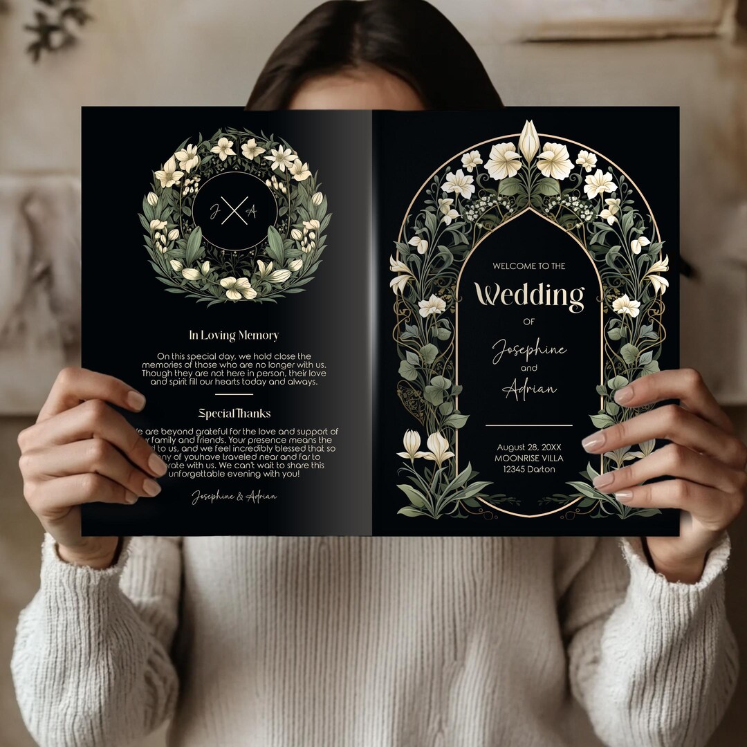 Dark Floral Wedding Program - Green Botanical Gothic Vintage Elegance ...