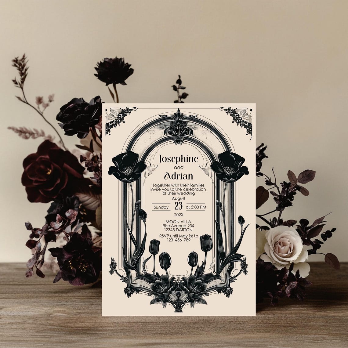 Gothic Poppy Baroque Wedding Invitation – Dark Vintage Floral Arch ...