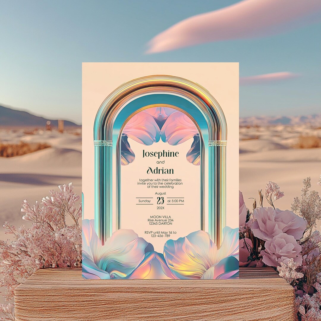 Futuristic Abstract Wedding Invitation – Iridescent Arch and Floral ...