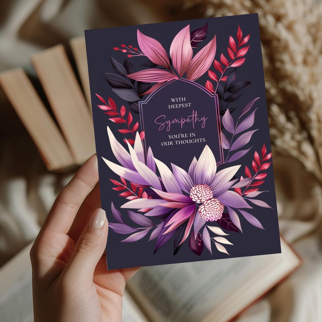 Modern Floral Sympathy Card - Dark Floral Navy & Red Design - Instant ...