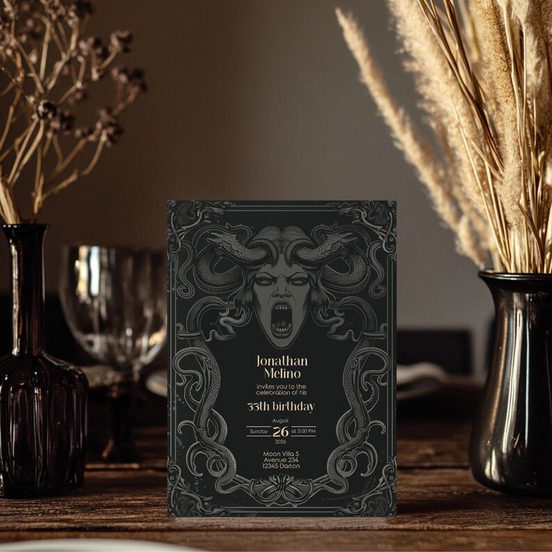 Gothic Birthday Invitation - Medusa-themed Dark Elegance Party Invite ...