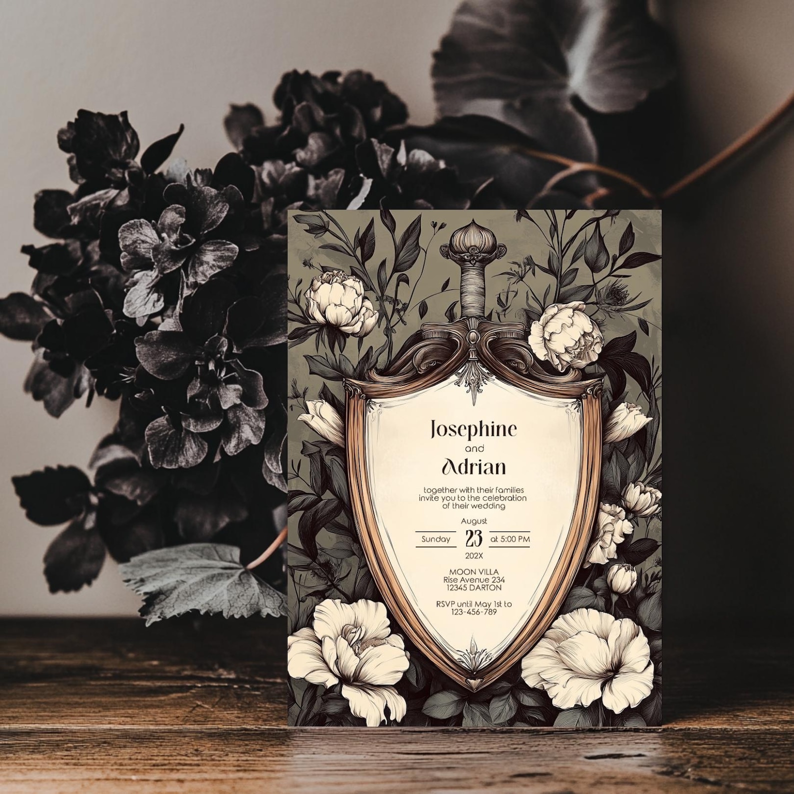 Medieval Wedding Invitation - Sepia Shield and Sword Design With ...