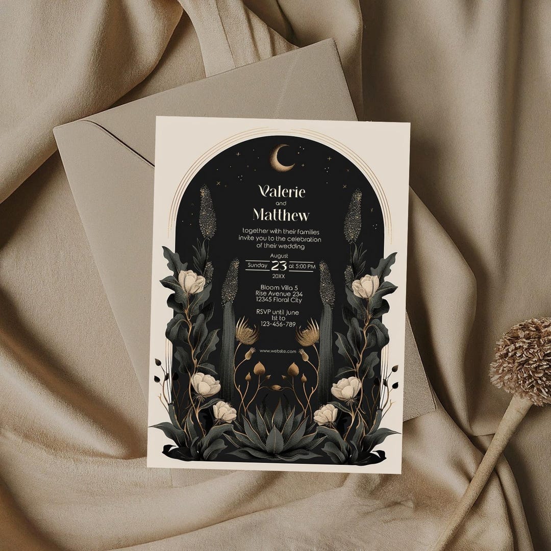 Moody Celestial Wedding Invitation - Moon and Stars Design With Floral Accents - Instant Digital ...