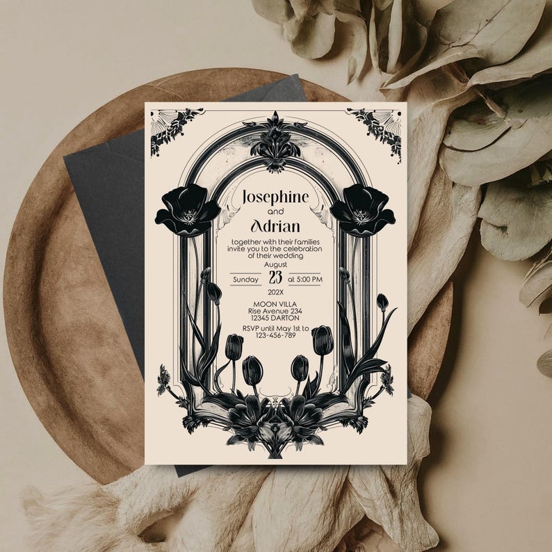Gothic Poppy Baroque Wedding Invitation – Dark Vintage Floral Arch ...