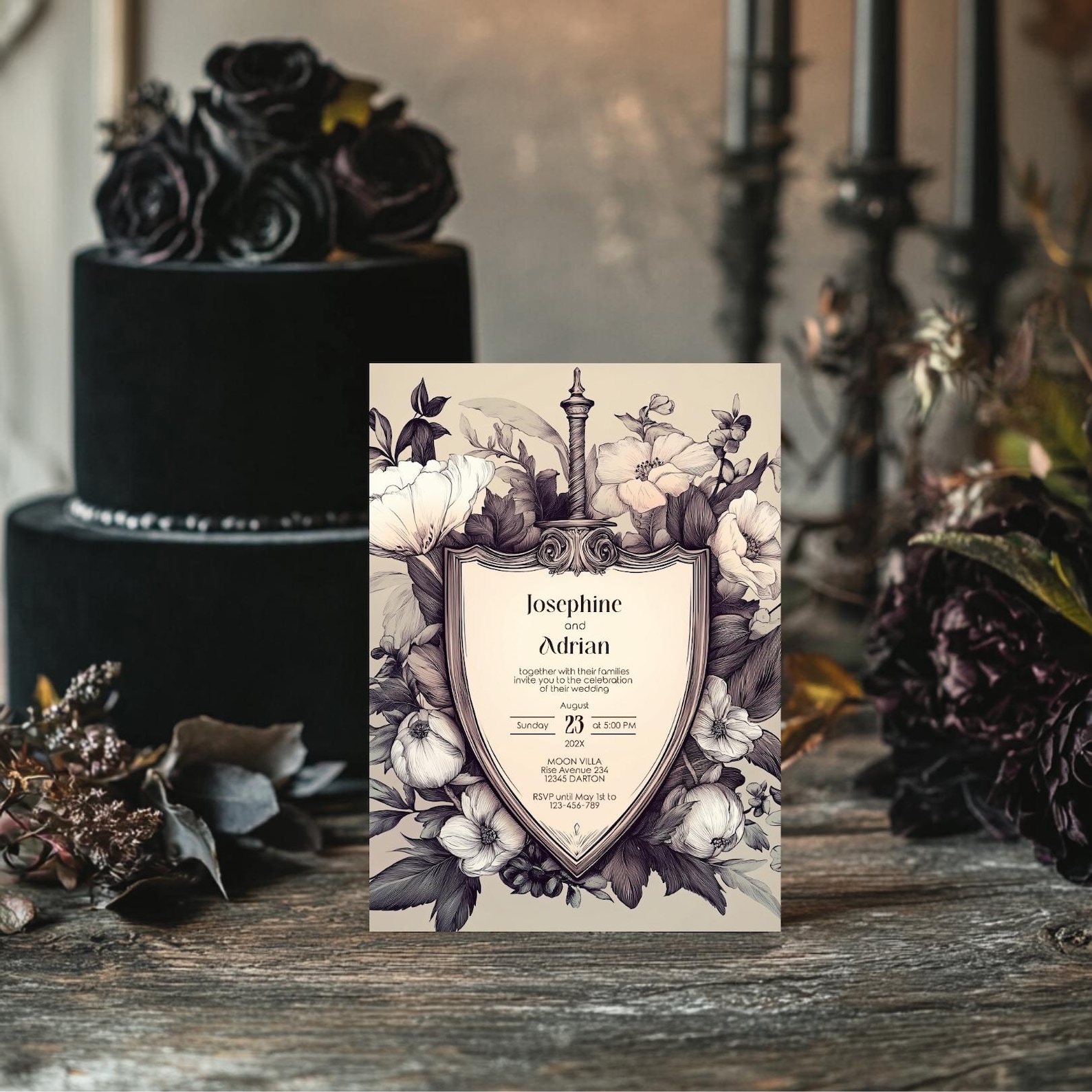 Medieval Wedding Invitation - Sepia Shield and Sword Design With ...