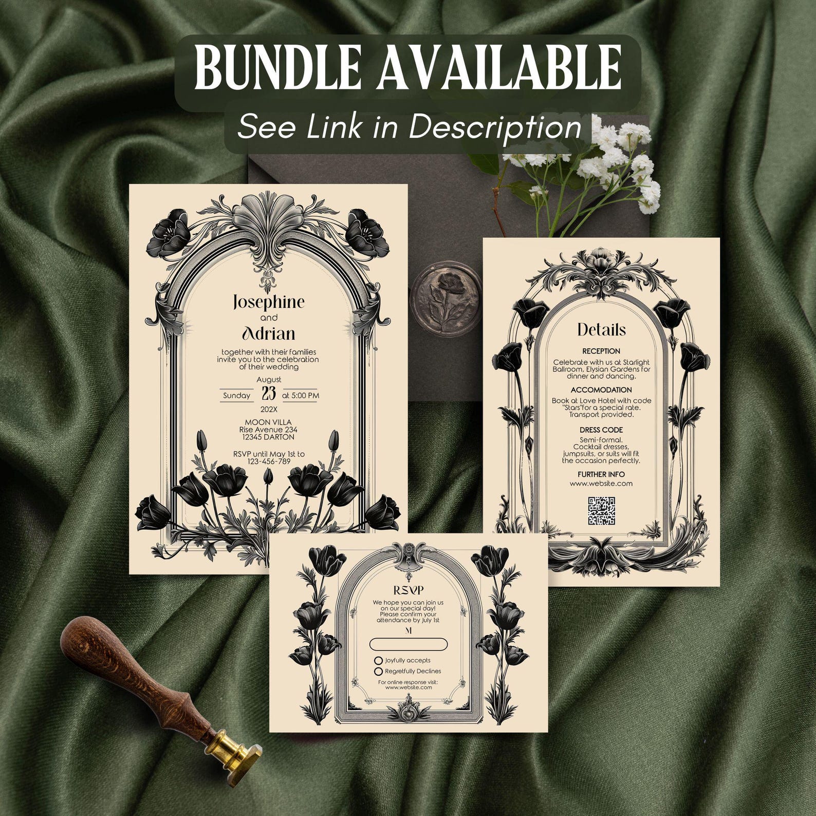Gothic Poppy Baroque Wedding Invitation – Dark Vintage Floral Arch ...