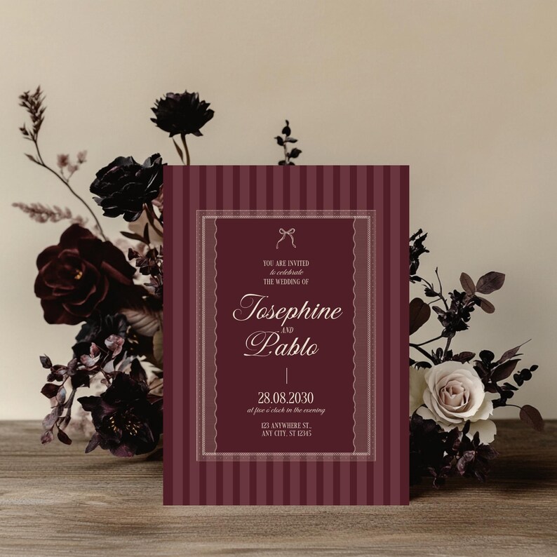 Romantic Burgundy Wedding Invitation - Elegant Lace & Stripe Design ...