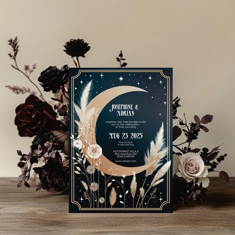 Celestial Wedding Invitation Set - Moon & Stars Dark Boho Theme ...