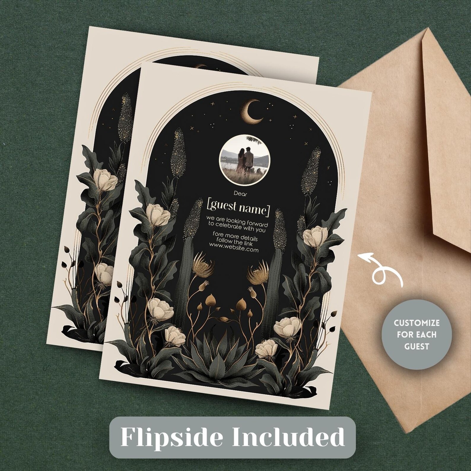 Moody Celestial Wedding Invitation Moon and Stars Design With Floral ...