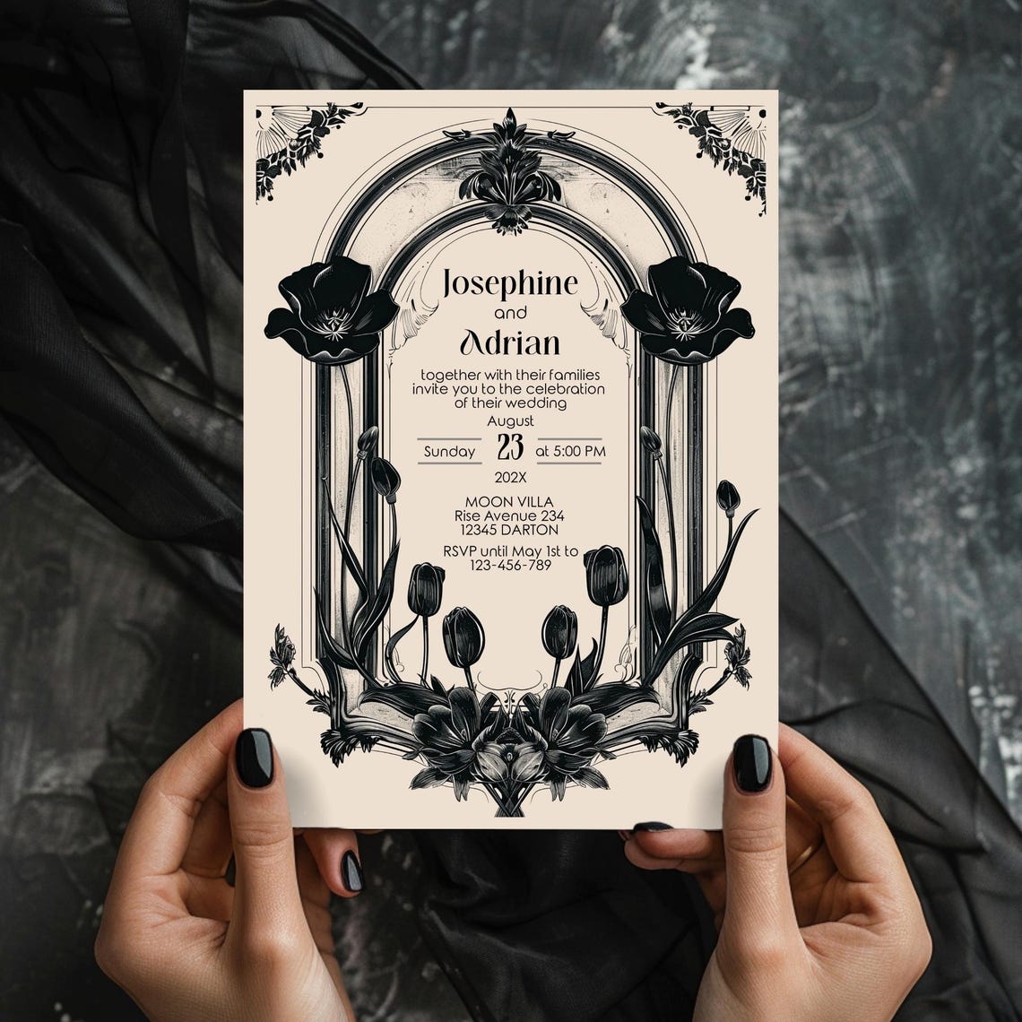 Gothic Poppy Baroque Wedding Invitation – Dark Vintage Floral Arch ...