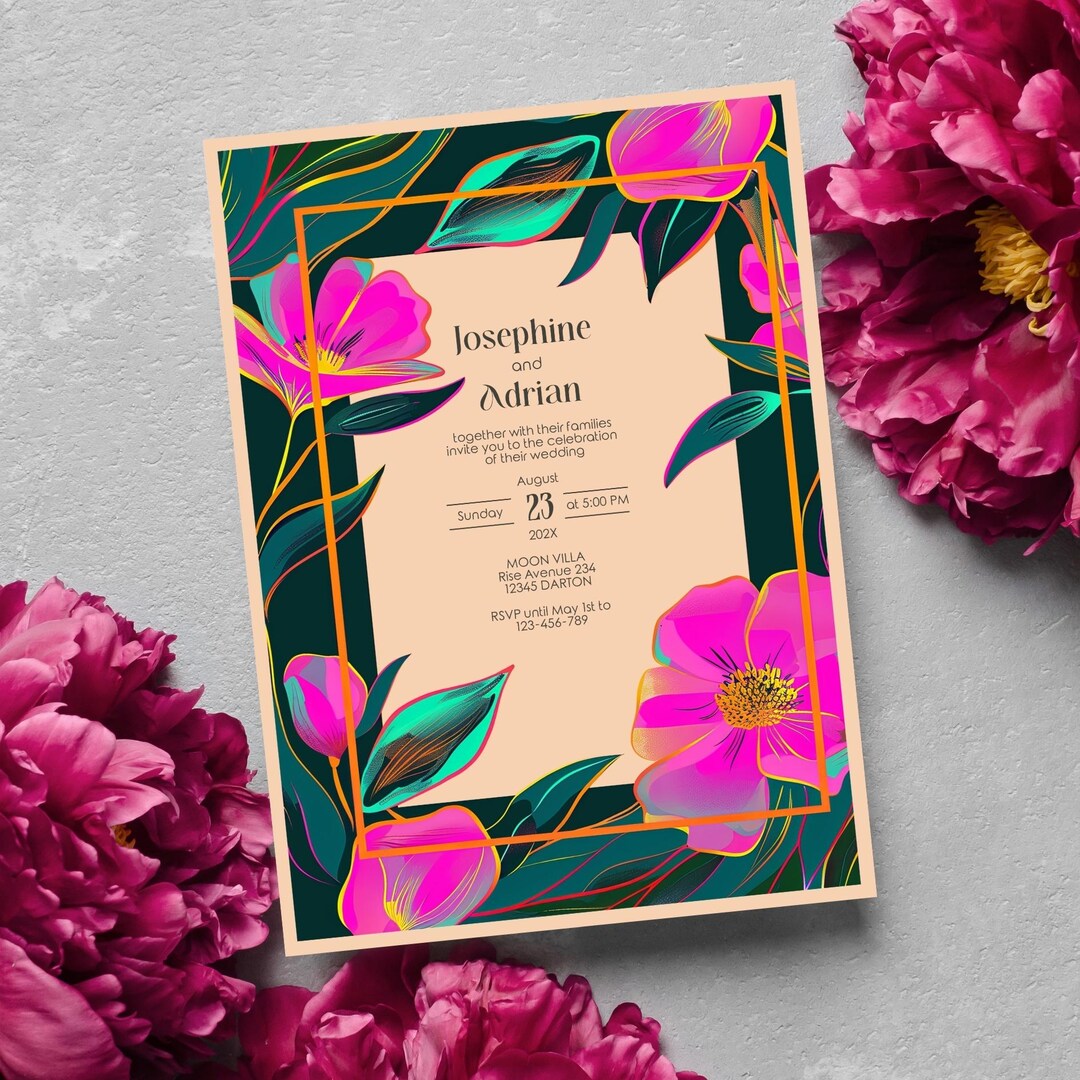 Modern Neon Floral Wedding Invitation - 5x7” Pink and Green Design With ...