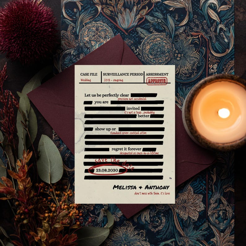 Spy Thriller Save the Date Template – Secret Wedding Mission Document ...