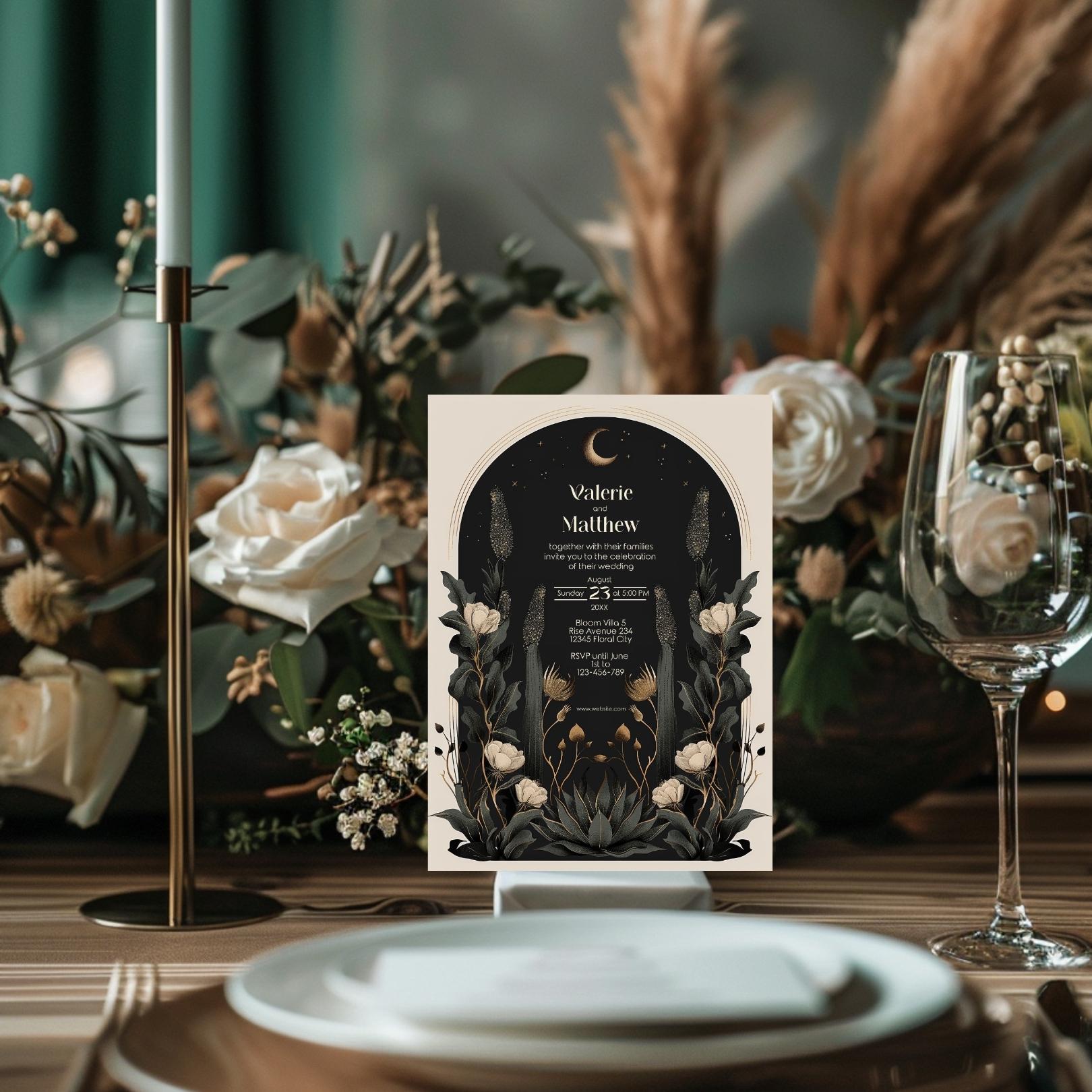 Moody Celestial Wedding Invitation Moon and Stars Design With Floral ...