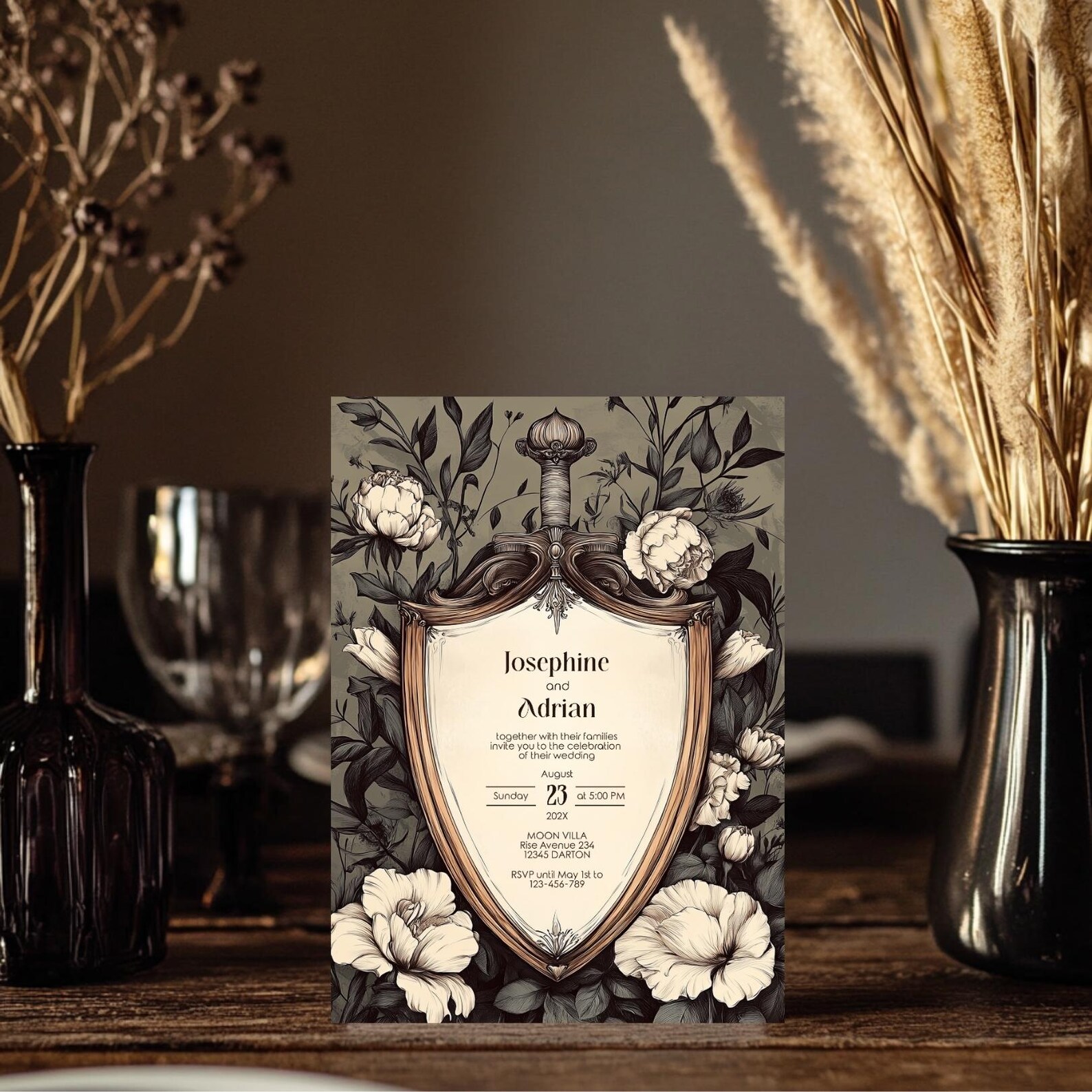 Medieval Wedding Invitation - Sepia Shield and Sword Design With ...
