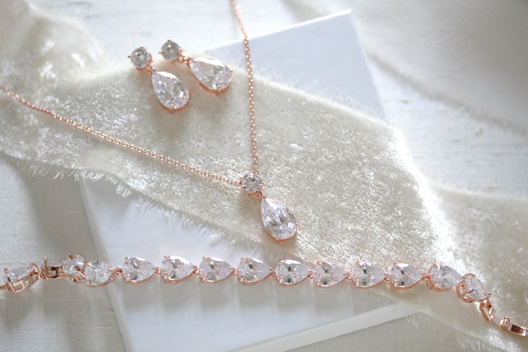Simple Bridal Jewelry, Rose Gold Jewelry Set, Rose Gold Tennis Bracelet ...