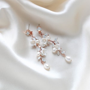 Pearl Bridal Earrings, Bridal Jewelry, Floral Wedding Earrings, Long ...