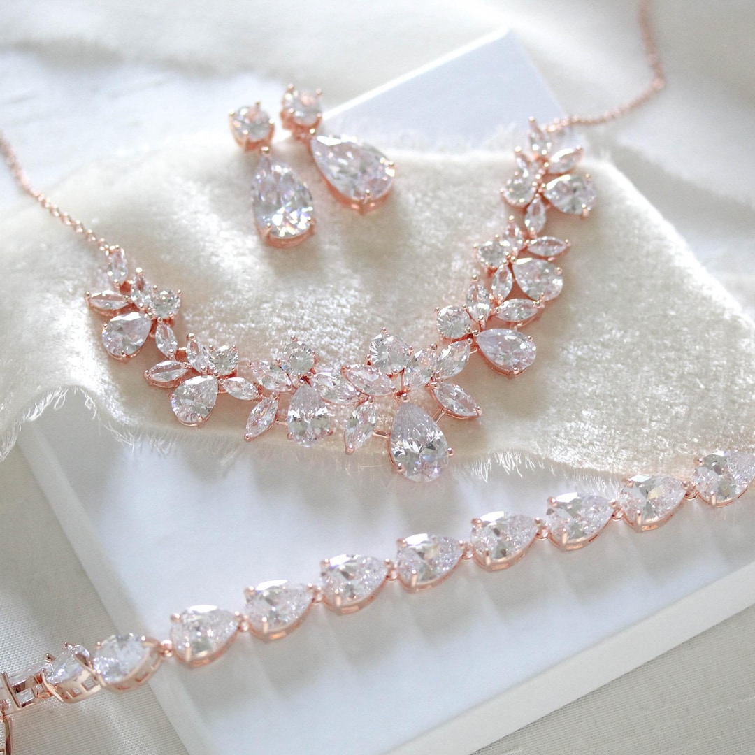 Rose Gold Wedding Jewelry Set, Rose Gold Necklace Set, Rose Gold Bridal ...