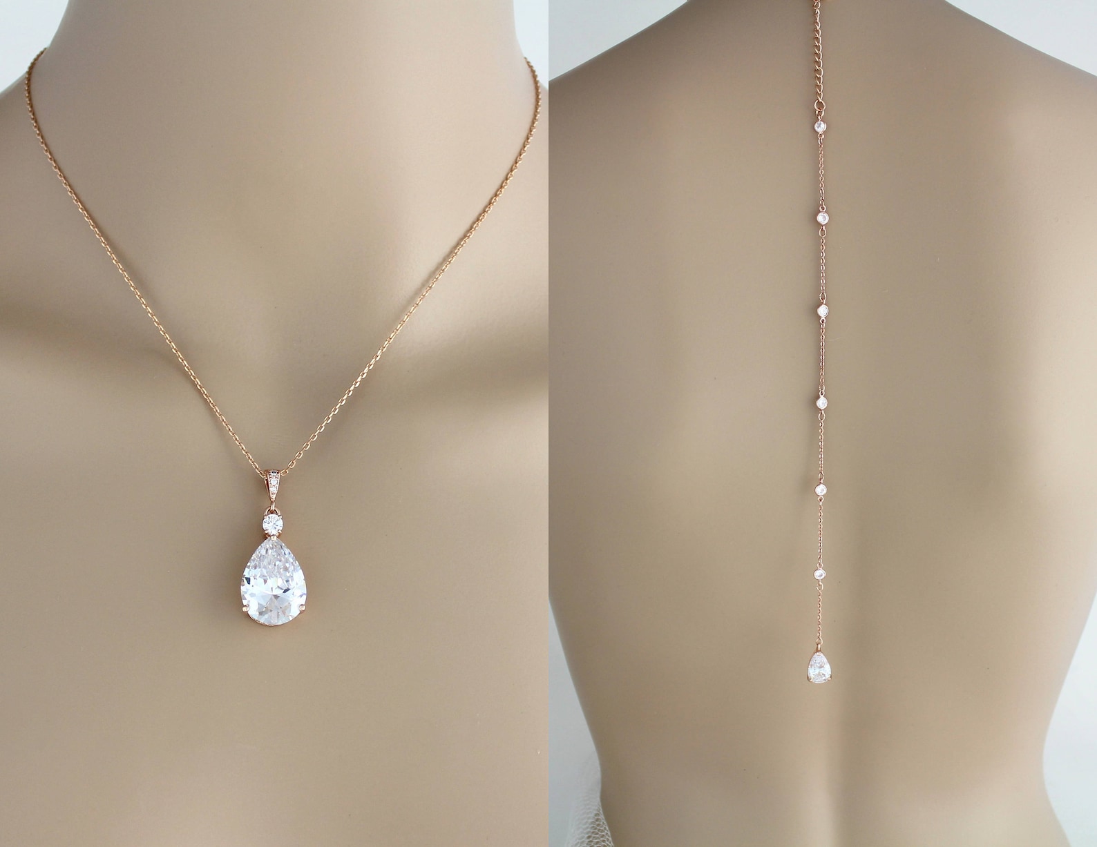 Bridal Back Necklace Rose Gold Backdrop Necklace Bridal Etsy Canada
