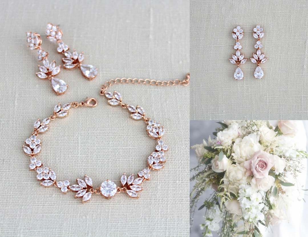 Rose Gold Bracelet and Earrings Set Bridal Jewelry Bridal - Etsy