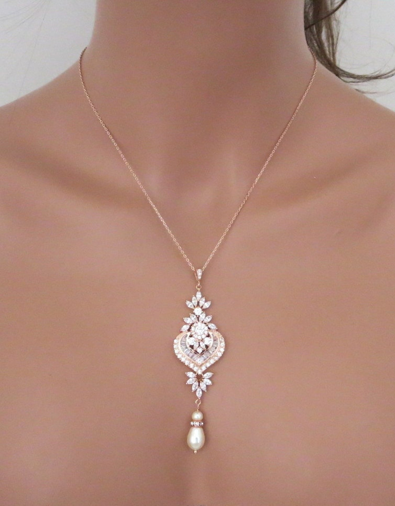 Rose Gold Bridal Necklace Rose Gold Pendant Necklace Bridal Etsy
