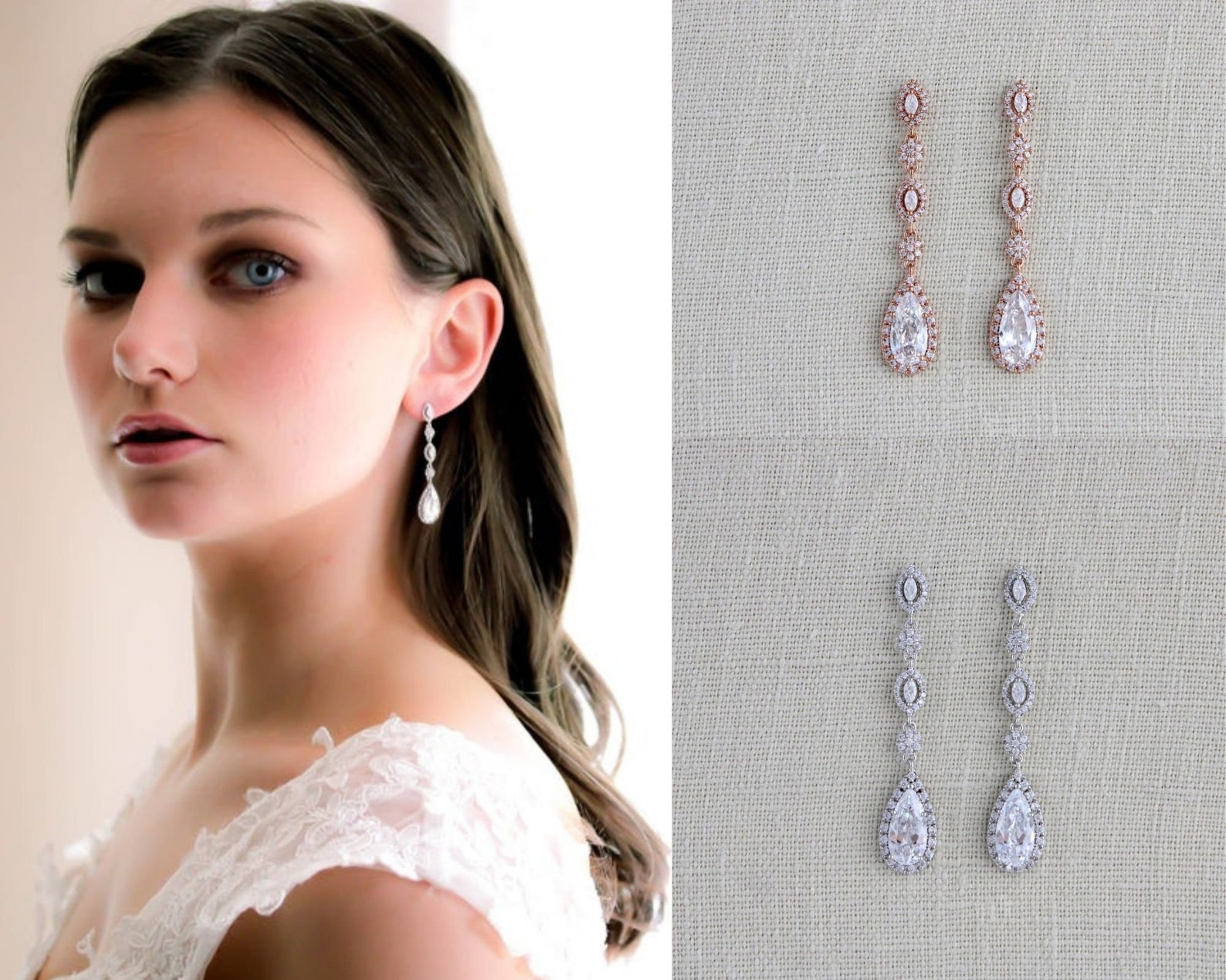 Long Rose Gold Earrings Bridal Earrings Wedding Jewelry Bridal | Etsy